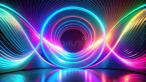 Abstract Neon Waveforms And Glowing Circular Light Display In A Futuristic Setting Generative