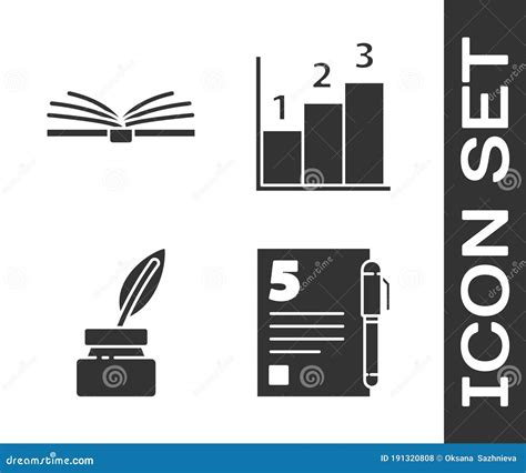 Set Test Or Exam Sheet And Pen Open Book Feather And Inkwell And Graph Schedule Chart