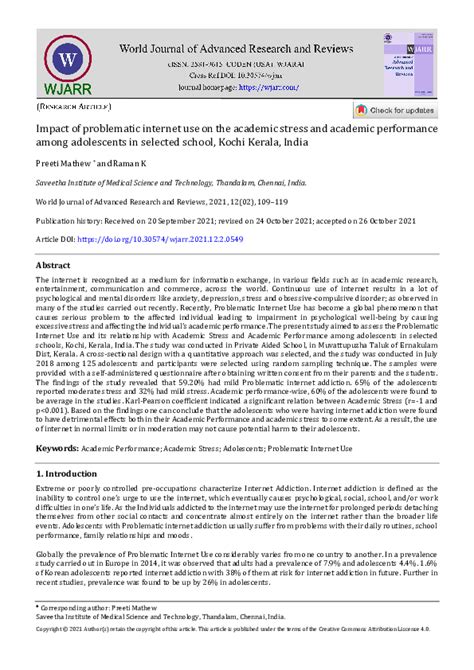 Pdf Impact Of Problematic Internet Use On The Academic Stress And Academic Performance Among