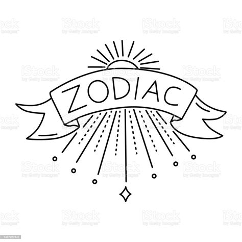 조디악이라는 문구가있는 리본 형태의 비네트 문신과 스티커를위한 장식 구성 점성술 상징 출생 차트에 따라 별자리 그리기 벡터 일러스트레이션 점성술 기호에 대한 스톡 벡터 아트
