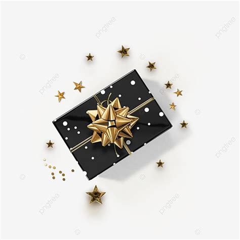 반짝이는 골드 리본이 달린 검은 선물 일러스트 상자와 색종이 조각과 별이 뿌려졌습니다 놀라다 크리스마스 금 Png