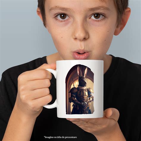 Чаша със заек в костюм на войник синьо със злато воин боец фантазия магия керамика 330 Ml