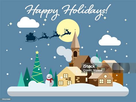 밤에 눈 남자와 함께 평면 디자인에 눈 도시 풍경에 오는 하늘에 산타 클로스와 해피 홀리데이 파란색 하늘 배경에 텍스트입니다 겨울 휴가 인사말 시즌 크리스마스와 새 해에 대