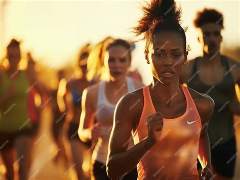 Premium Photo Women Running In A Marathon With The Sun Behind Them