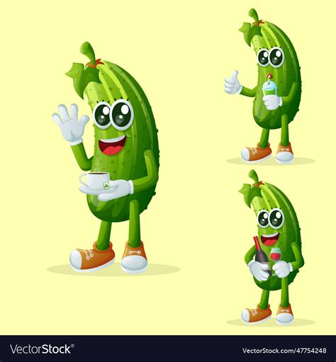 Cute Cucumber Characters Enjoying Beverages Vector Image