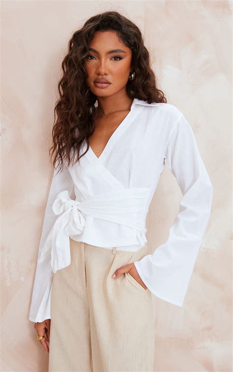 White Linen Look Wrap Front Fitted Shirt Prettylittlething Usa