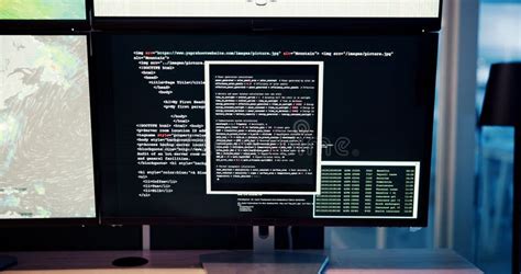 Computer Screen Programming And Display With Code In Empty Office For It Software And Map In