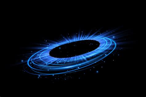 마법의 판타지 포털 둥근 가벼운 프레임 작은 먼지 입자 미래 지향적 인 순간 이동 파란색 보라색 네온 불빛이 투명한 배경에 반짝임으로 야경을 비춥니다 조명 효과 홀로그램에