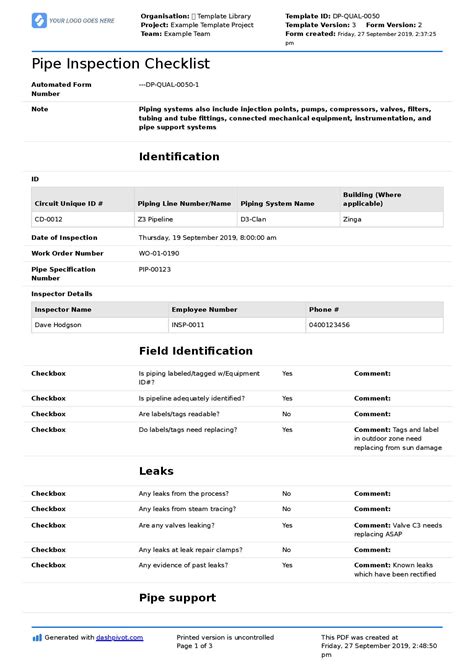 Pipe Inspection Checklist Free Checklist And Report Form