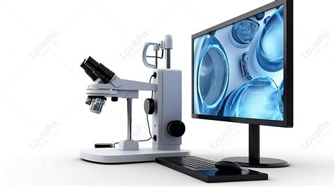흰색 배경에 3d 렌더링된 현미경 또는 광학 기기 고품질 빈 모니터 배경 의료 실험실 배경 모니터 배경 실험실 현미경