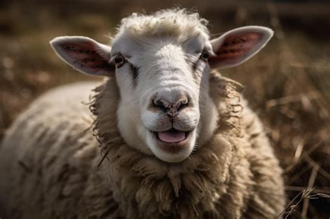 Cute Closeup Of Smiling Amusing Sheep With Teeth Witty Sheep Sheep With Teeth Smiling In A