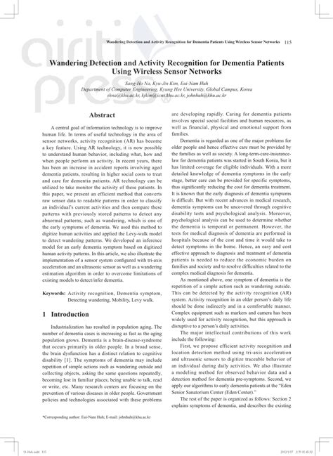 Pdf Wandering Detection And Activiy Recognition For Dementia Patients Using Wireless Sensor