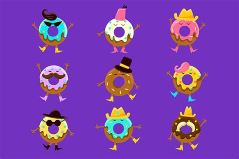 팔과 다리 다른 얼굴 특징 세트와 인간화 도넛 만화 캐릭터 건강에 좋지 않은 음식에 대한 스톡 벡터 아트 및 기타 이미지 건강에 좋지 않은 음식 길거리 음식 노래