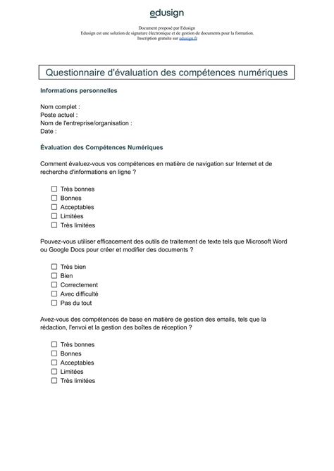 Modèle de questionnaire Questionnaire pour enseignant Edusign