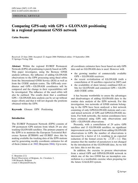 Pdf Comparing Gps Only With Gps Glonass Positioning In A Regional Permanent Gnss Network 2007