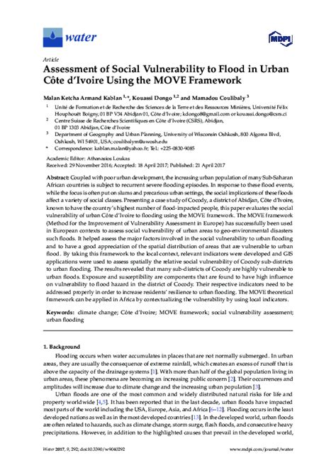 Pdf Assessment Of Social Vulnerability To Flood In Urban Côte Divoire Using The Move Framework