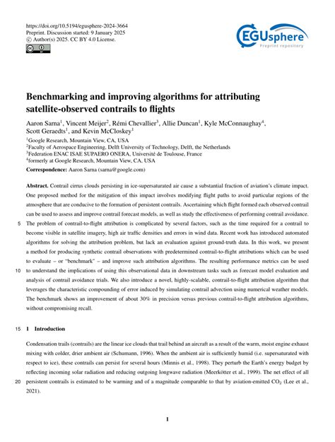 Pdf Benchmarking And Improving Algorithms For Attributing Satellite Observed Contrails To Flights