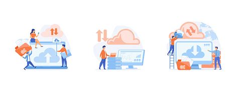 비즈니스 기술 개념 클라우드 서버 스토리지에 파일 업로드 백업 클라우드 컴퓨팅 서비스 온라인 데이터베이스 플랫 벡터 현대 일러스트레이션 설정 0명에 대한 스톡 벡터 아트 및