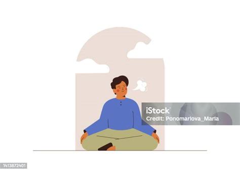 정신 건강을 구하기 위해 창문에서 명상하는 차분한 남자 젊은 남성은 연꽃 자세로 긴장을 풀고 호흡 운동을합니다 호흡 운동에 대한 스톡 벡터 아트 및 기타 이미지 Istock