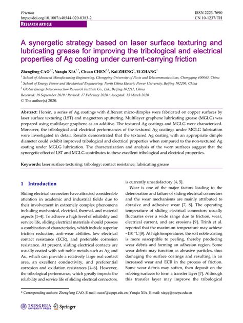 Pdf A Synergetic Strategy Based On Laser Surface Texturing And Lubricating Grease For