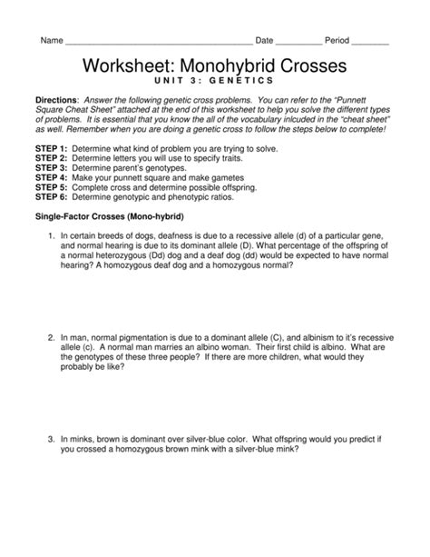 Monohybrid Crosses Worksheet Genetics Practice Problems