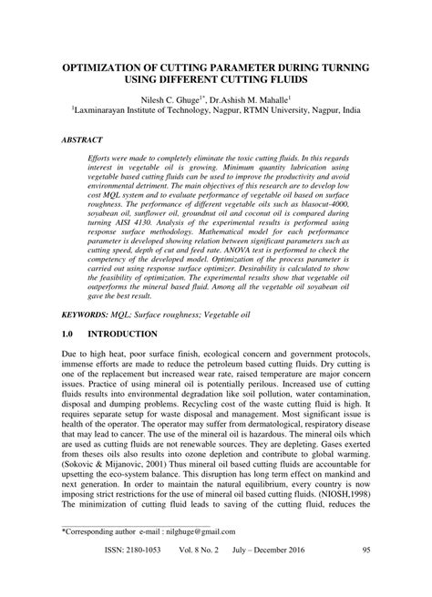 Pdf Optimization Of Cutting Parameter During Turning Using Different Cutting Fluids