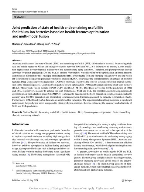 Joint Prediction Of State Of Health And Remaining Useful Life For Lithium Ion Batteries Based On
