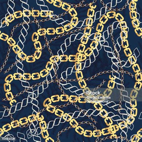 골든 체인 패션 완벽 한 패턴입니다 체인 금속 액세서리와 패브릭 디자인 배경입니다 패션 액세서리와 고급 스러운 선형 인쇄 0명에 대한 스톡 벡터 아트 및 기타 이미지