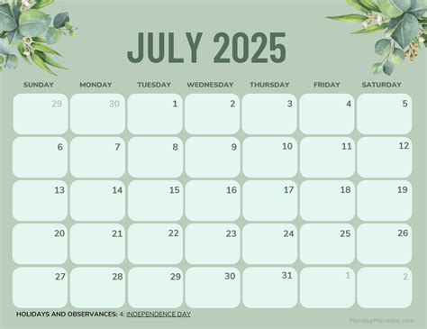 Printable Monthly Calendar July 2025