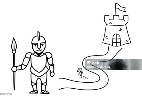 미로와 검은 색칠 페이지 만화 기사와 성 어린이 교육 예술 게임 흰색 배경에 템플릿 디자인입니다 윤곽선 벡터 색칠하기에 대한