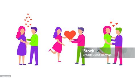 로맨스와 세인트 발렌타인의 날 개념입니다 평면 디자인입니다 해피 발렌타인 데이 하루 세인트 발렌타인의 축제에 대 한 문자입니다 벡터 일러스트입니다 2명에 대한 스톡 벡터