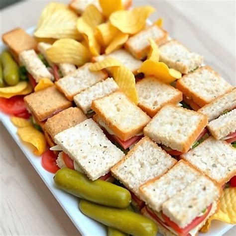 A Platter Of Assorted Mini Sandwiches Chips And Pickles On A Rectangular Dish Stock