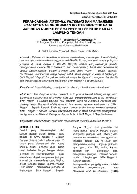 Pdf Perancangan Firewall Filtering Dan Manajemen Bandwidth Menggunakan Router Mikrotik Pada