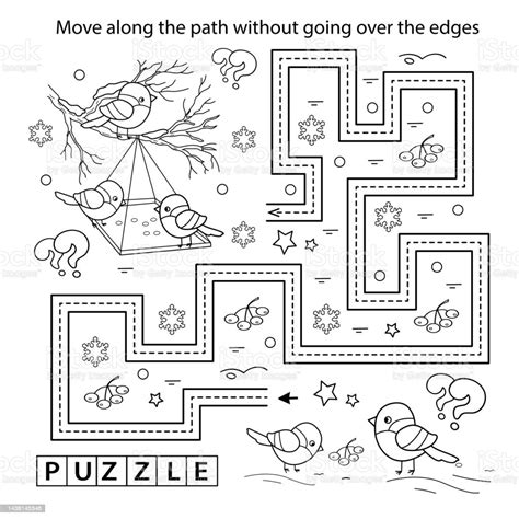 필기 연습 시트 간단한 교육 게임 또는 미로 색칠하기 개요 겨울에 만화 새의 아이들을위한 색칠하기 책 활동에 대한 스톡 벡터 아트 및 기타 이미지 Istock