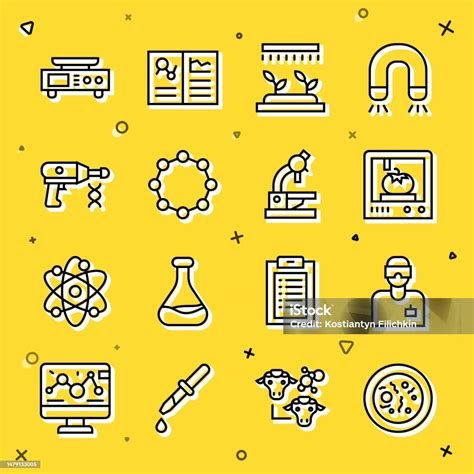 박테리아 실험실 조수 3d 인쇄 기술 자동 관개 스프링클러 화학 공식 전송 액체 총 전자 저울 및 현미경 아이콘으로 라인 페트리 접시를 설정합니다 벡터 Dna에 대한 스톡