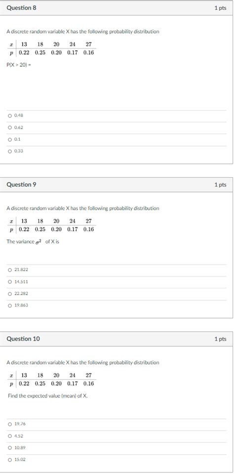 solved question 8 1 pts a discrete random variable x has the
