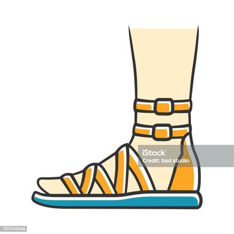 검투사 샌들 노란색 색상 아이콘입니다 여성 세련 된 신발 디자인 여성 캐주얼 신발 발목 스트랩 사이드 뷰와 현대 여름 플랫 유행 여성 의류입니다 격리 벡터 일러스트레이션