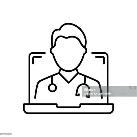 온라인 디지털 의학 라인 아이콘 컴퓨터 의료 의료 온라인 선형 픽토그램의 의사 가상 의학 서비스 개요 아이콘 원격 의료 편집 가능한 스트로크 격리된 벡터 일러스트레이션