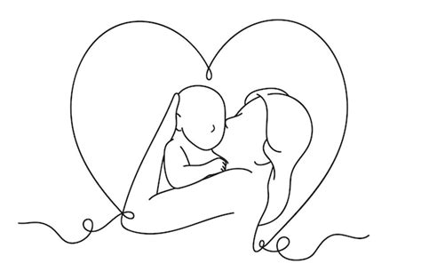 하트 모양의 엄마와 아기의 연속 한 선 그리기 벡터 그림의 라인 아트 스타일 프리미엄 벡터