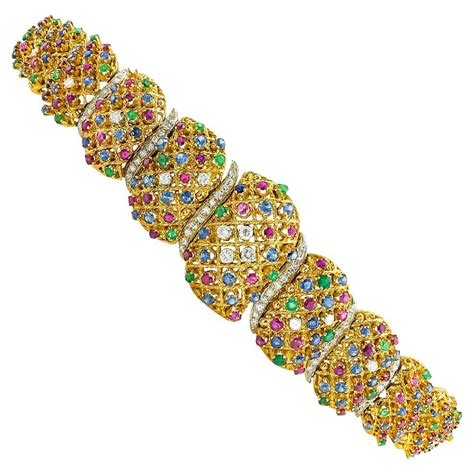 Precious Gems Diamonds Yellow Gold Link Bracelet For Sale At 1stdibs