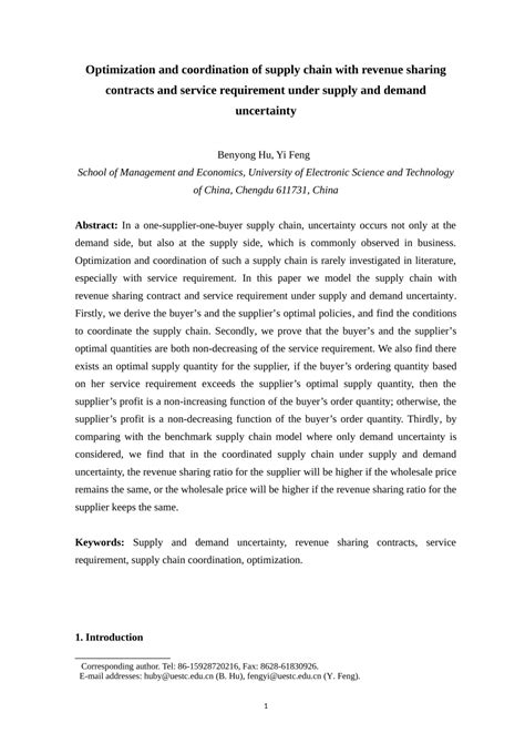 Pdf Optimization And Coordination Of Supply Chain With Revenue Sharing Contracts And Service