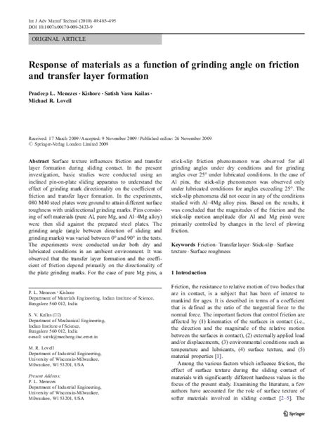 Pdf Response Of Materials As A Function Of Grinding Angle On Friction And Transfer Layer Formation