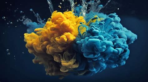 물 속의 잉크 스플래시 파란색과 노란색 페인트 추상 배경색 생성 Ai 프리미엄 사진