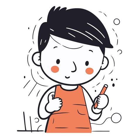 연필로 그리는 귀여운 작은 소년 터 라인 아트 일러스트레이션 프리미엄 벡터