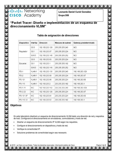 11101 Packet Tracer Design And Implement A Vlsm Addressing Scheme 3 Pdf Dirección Ip