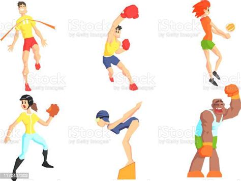 다양한 스포츠 활동 세트를 수행하는 사람들 젊은 남자와 여자 훈련과 운동 스포츠 장비 벡터 일러스트 건강한 생활방식에 대한 스톡