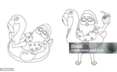 색칠하기 페이지 흰색 배경에 고립 된 플라밍고 풍선 반지산타 클로스 열대 크리스마스입니다 벡터 그림입니다 색칠하기에 대한 스톡 벡터 아트 및 기타 이미지 Istock