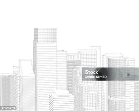 흰색 배경에 격리 된 검은 선에서 많은 다층 건물의 개요 도시 분기의 개요 정면도 3d 벡터 그림입니다 로우 폴리곤 모델링에 대한 스톡 벡터 아트 및 기타 이미지 Istock
