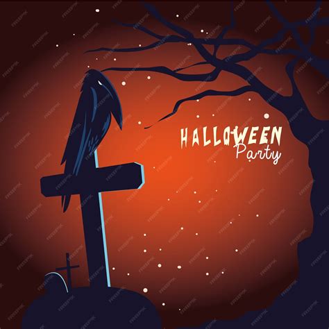 Dibujos Animados De Cuervo De Halloween En Diseño De Tumba Y árbol