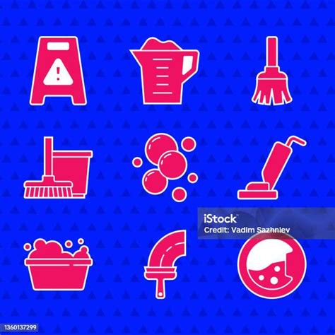 비누 물 거품 창문용 고무 클리너 와셔 진공 청소기 비누 비누 걸레와 양동이가 있는 분지 깃털 빗자루 및 젖은 바닥 아이콘을 설정합니다 벡터 가사 집안일에 대한 스톡 벡터